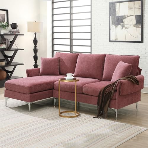 WIIS' IDEA Convertible Sectional Sofa Couch,Modern Chenille L-Shaped Sofa Couch with Reversible Chaise Lounge,2 Pillows,Fit for Living Room,Apartment(Pink)