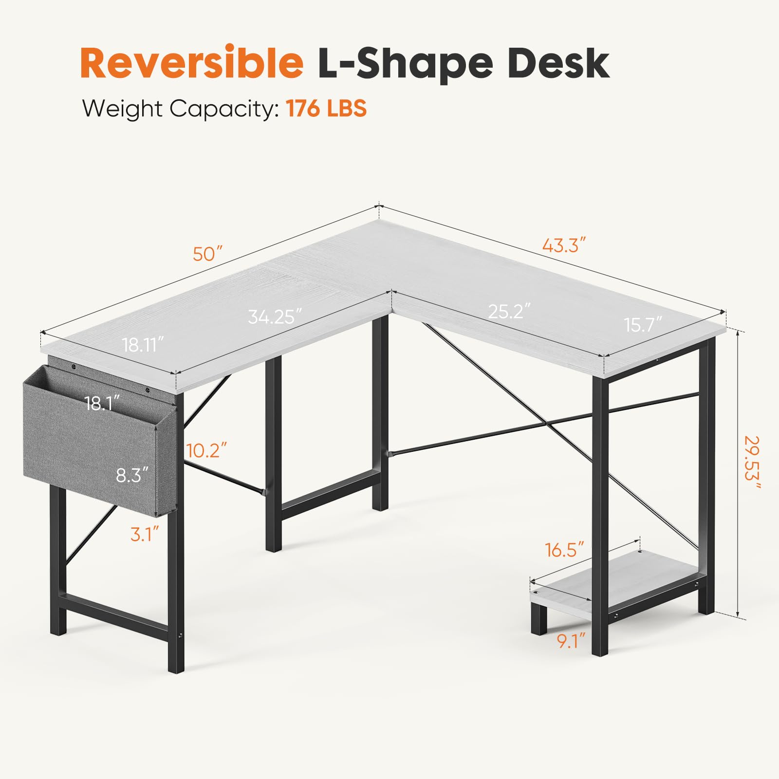 Sweetcrispy L Shaped Desk Gaming Computer 50 Inch Reversible Corner White Table PC Work Table for Writing Study Student with Wood Tabletop Metal Frame CPU Stand Side Bag for Home Office Small Place