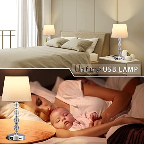 Unfusne Touch Control Lamps for Bedrooms Set of 3, 3-Way Dimmable Nightstand Lamps, 2 * Small Bedside Wireless Charging Lamp, 1* Crystal Lamp with USB Port