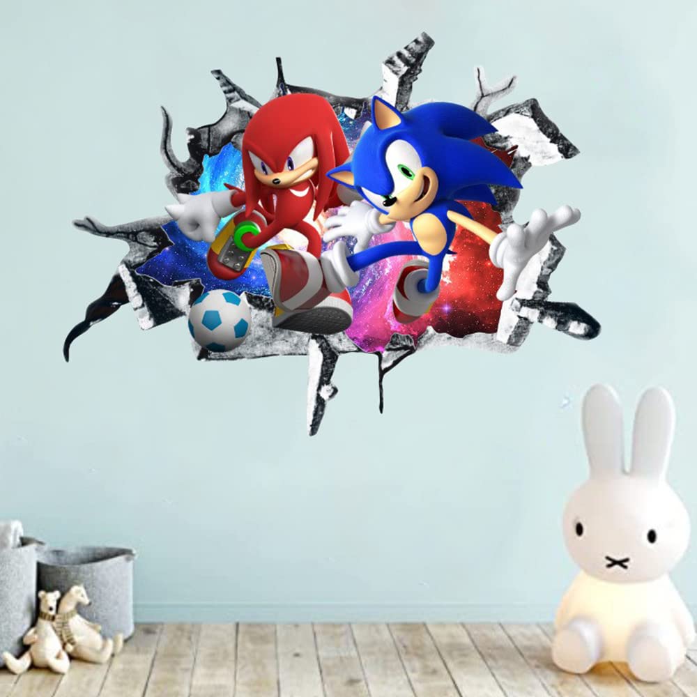 Wall Decals 3D Broken Wall Sonic Poster Stickers Removable PVC Cartoon for Boys Kids Room Party Decoration