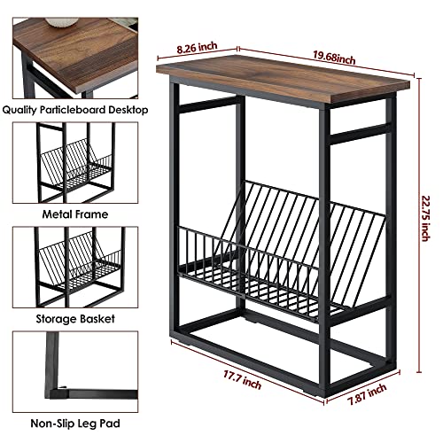 Unglehome End Table, Narrow Nightstand, Skinny Bedside Tables, Small Side Table for Small Spaces with Magazine Holder Rustic Slim Little Thin Table for Living Room, Bedroom, Sofa-Walnut