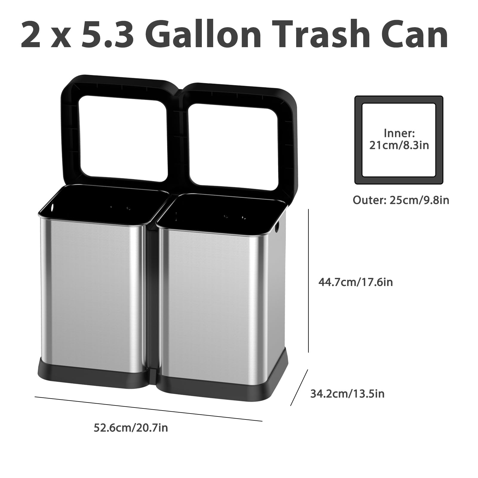 WELYFE 16 Gallon Trash Can, Dual Waste Bins, Soft Close Open Top Garbage Can, 2 x 30L, for Home, Office, Business