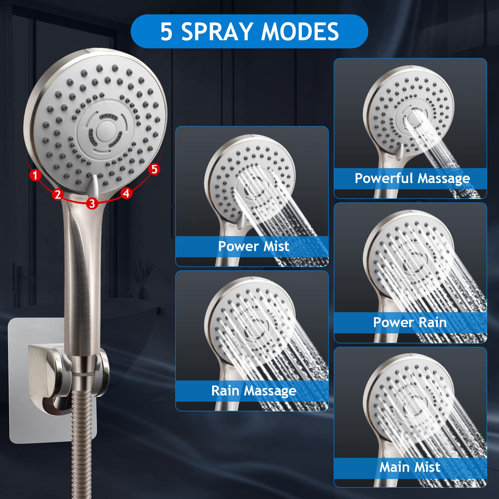 Shower Head Combo(Brushed Nickel),10'' High Pressure Rain Shower Head with 11'' Adjustable Extension Arm and 5 Settings Handheld,Powerful Shower Spray Against Low Pressure Water