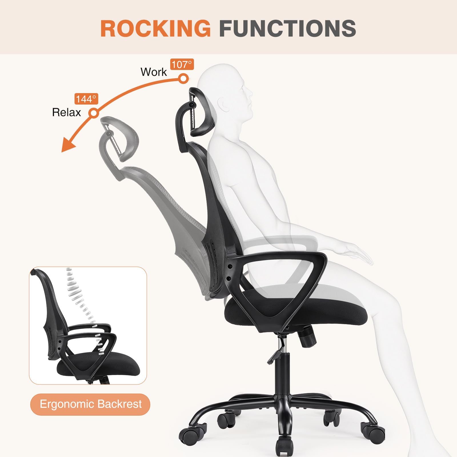 Sweetcrispy Office Computer Desk Chair, Ergonomic High-Back Mesh Rolling Work Chairs with Wheels and Adjustable Headrests, Comfortable Lumbar Support, Comfy Armrest for Home, Bedroom, Study,Black