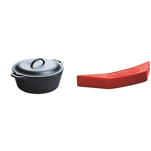 Lodge Cast Iron Serving Pot Dutch Oven with Dual Handles, Pre-Seasoned, 7-Quart & ASAHH41 Silicone Assist Handle Holder, Red