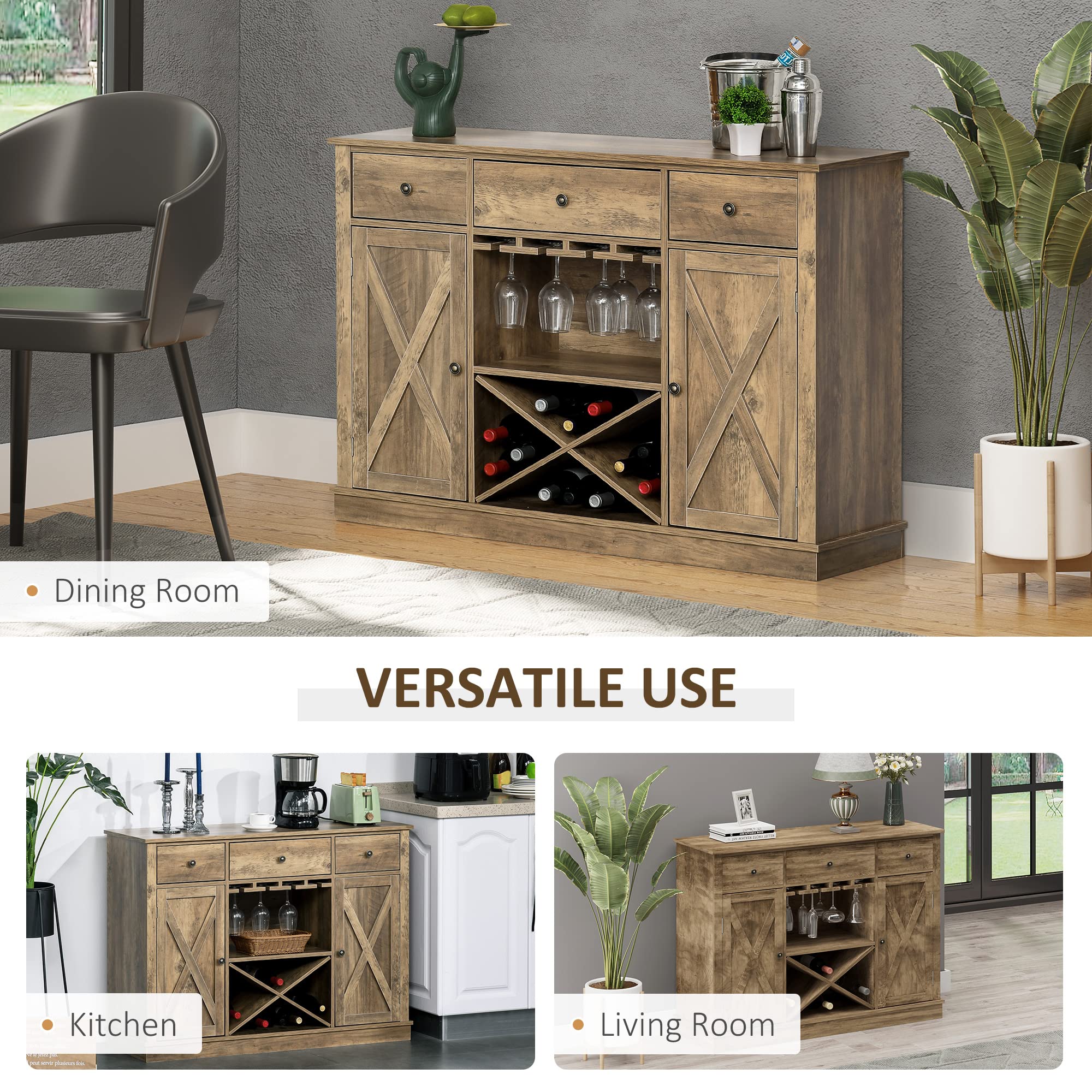 HOMCOM Farmhouse Coffee Bar Cabinet, Wine Cabinet with 3 Drawers, Sideboard Buffet Cabinet with X-Shaped Wine Rack and Stemware Holder, Rustic Oak Grain