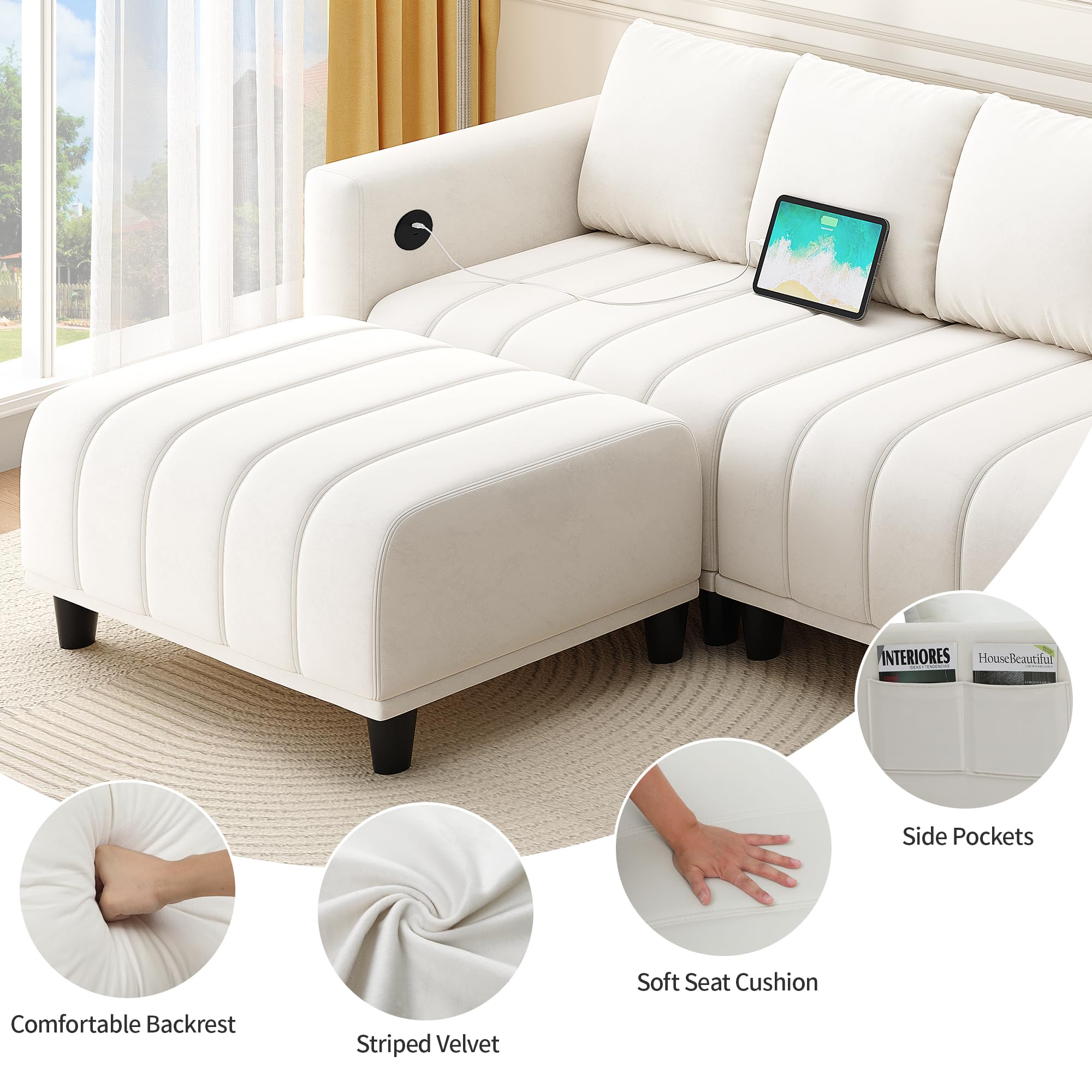 YITAHOME Cloud Couch Sectional Sofa with Ottoman, L Shaped Couch Velvet Comfy Modern 2 Seat Loveseat Sofa Convertible with USB & Type-C Ports for Living Room Apartment, Beige