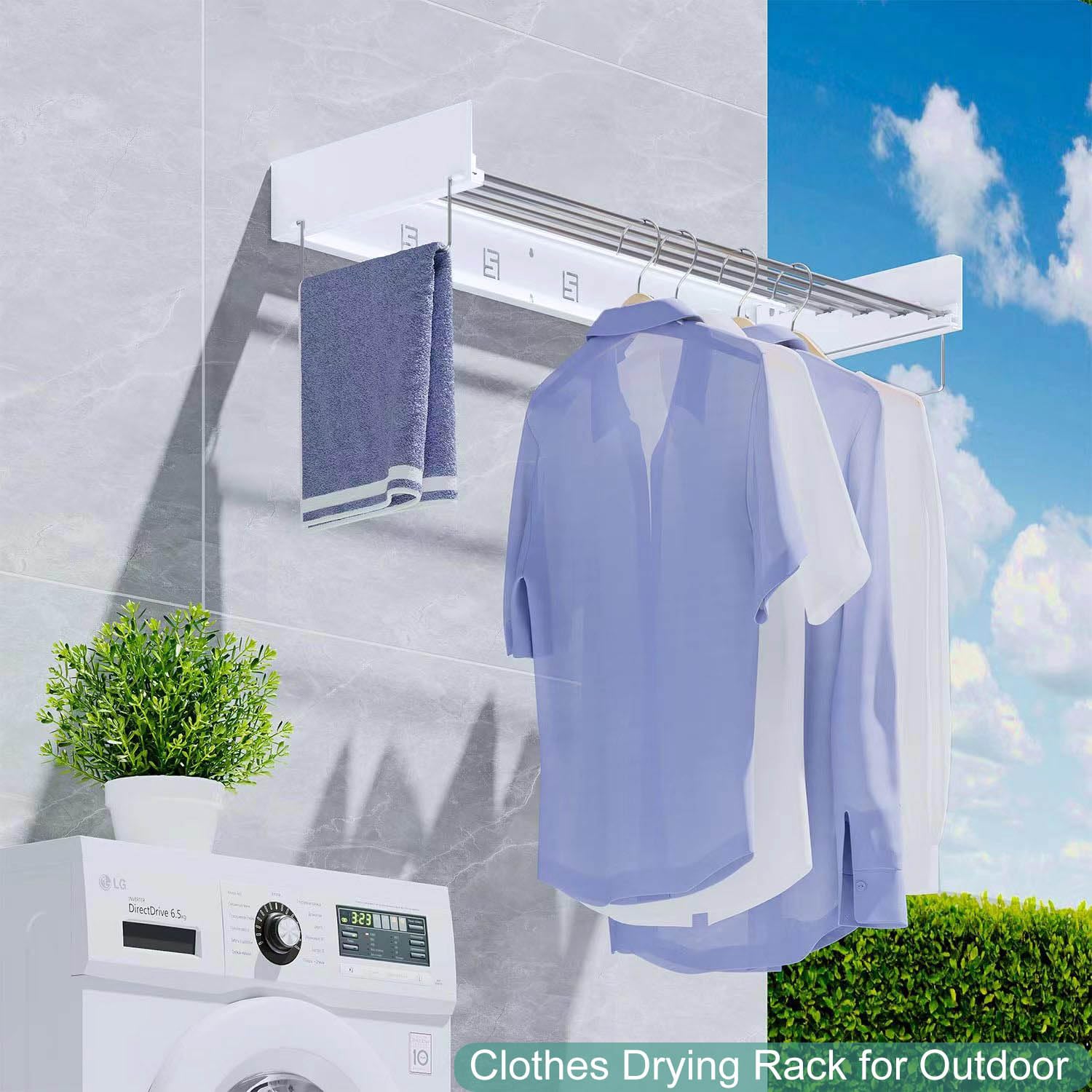 Wall Mounted Drying Rack, Laundry Drying Rack Collapsible, Clothes Drying Rack, Towel Drying Rack for Indoor & Outdoor with Wall Template & 5 Rods, 60 lb Capacity, 31.5β Wide, 13.5 Linear Ft, White