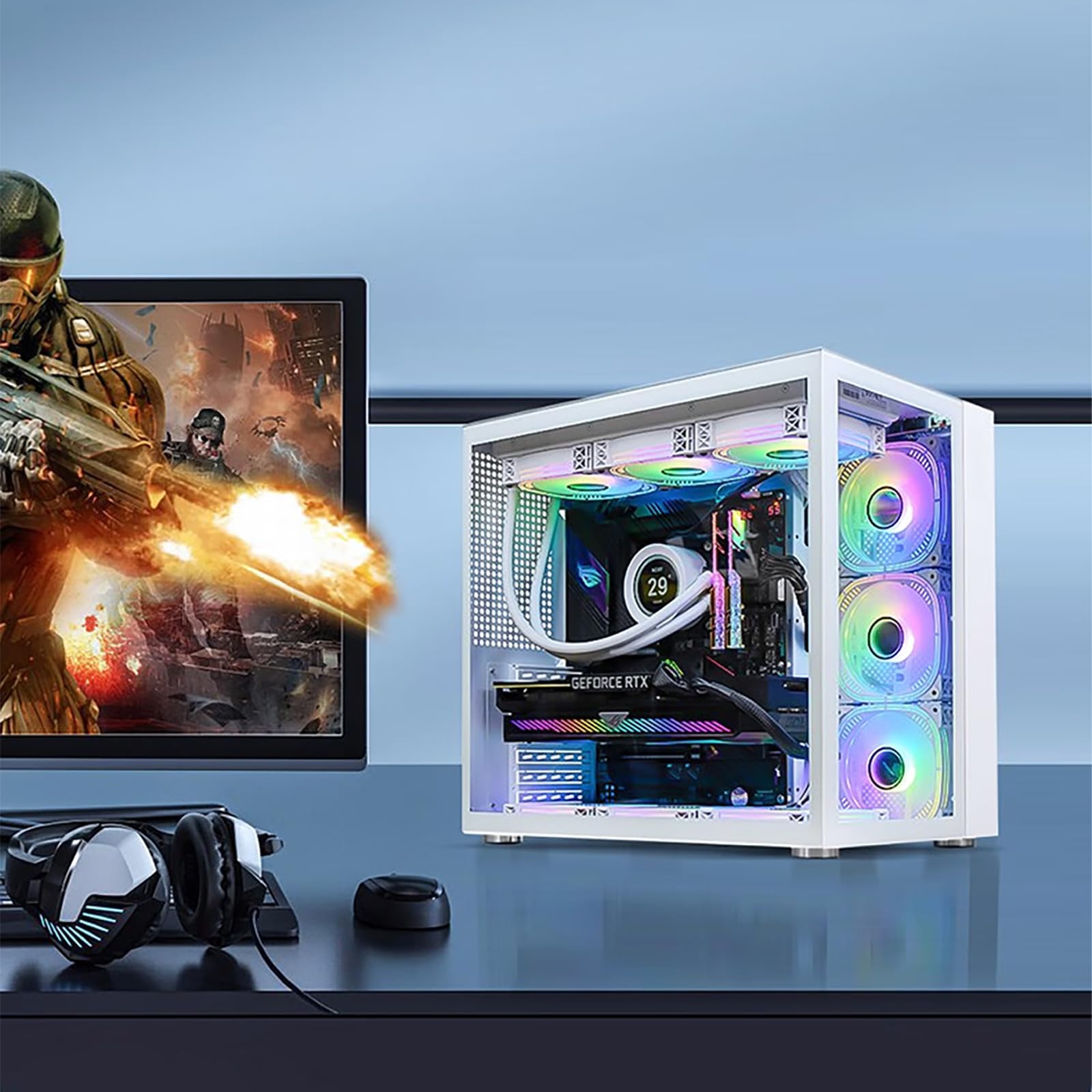 SZD S580 ATX Mid-Tower PC Case, Desktop Gaming Computer Chasssis, Front I/O USB Type-C Port, Dual Tempered Glass Panels, High-Airflow Perforated Top Panel, Water-Fan not Included (White)