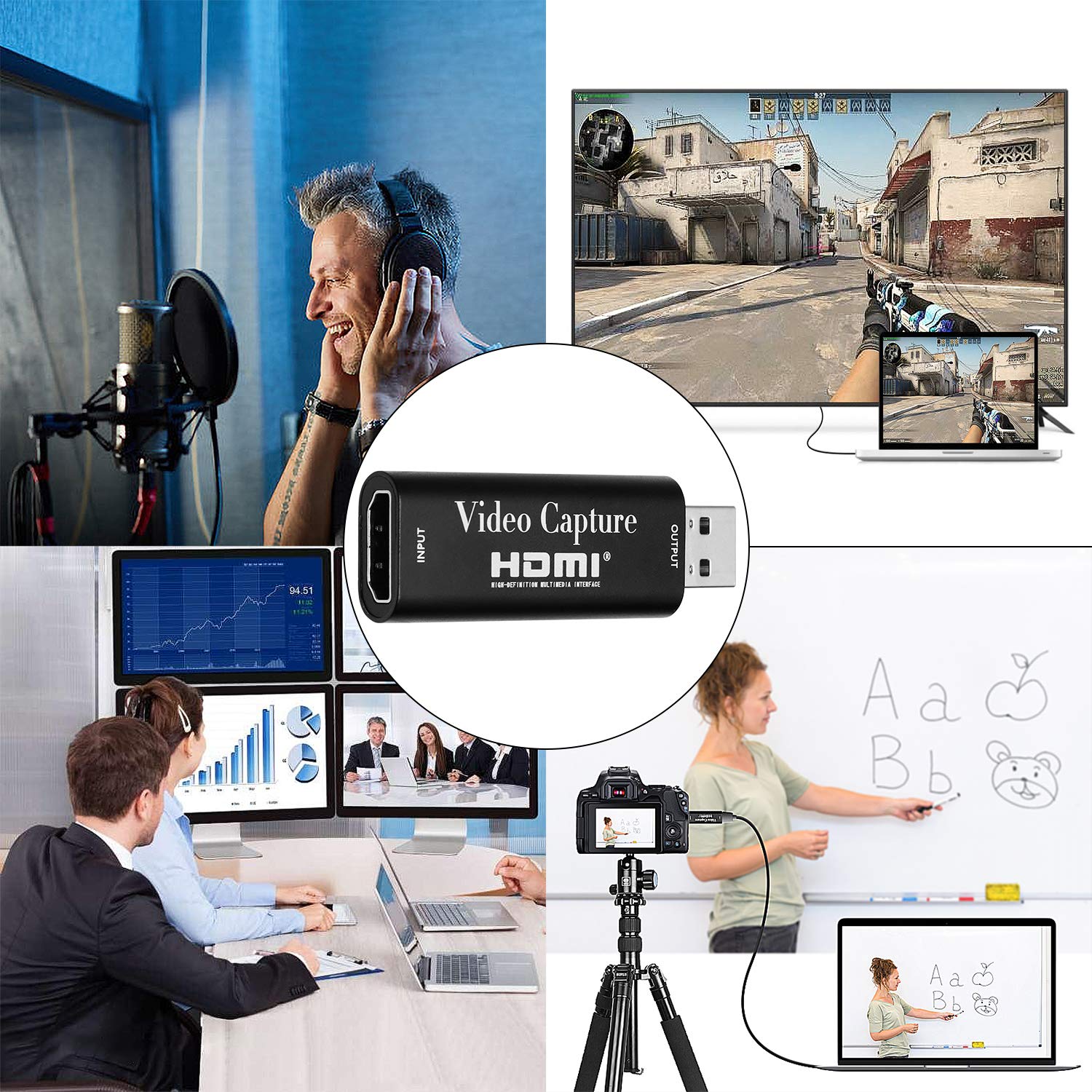 IIET Video Capture Card Game Capture Device HDMI to USB with Full HD 1080p & High-Speed Transmission No Delay, Record via DSLR Camcorder Action Cam or PC for Live Broadcasting, Games(Black)