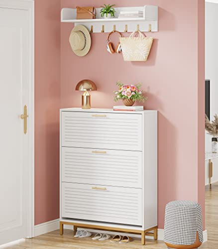 Tribesigns Shoe Cabinet, Shoe Storage Cabinet with Wall Mounted Coat Rack, Modern Shoes Organizer Cabinets with 3 Flip Drawers, White and Gold Shoe Cabinet for Entryway