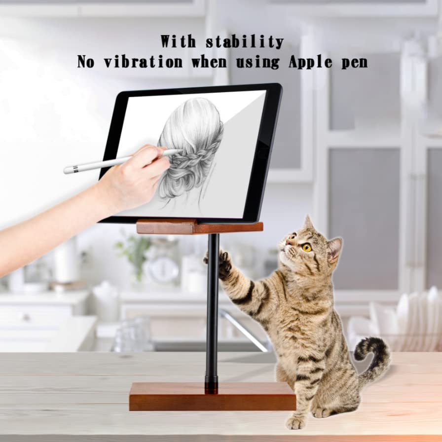 Shevvi Wood Tablet Stand, Cell Phone Stand Holder with Height Adjustable 360 Degree Rotation, Walnut Wood Charging Dock for Desk, Compatible with iPad iPhone Kindle Reader Bigger Sized Tablets