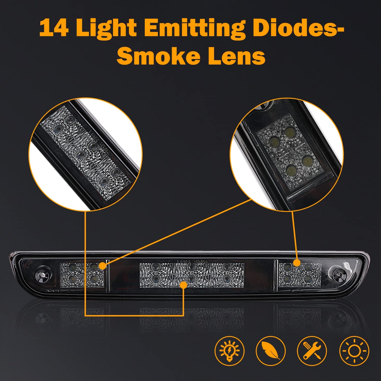 KanSmart 3rd Brake Light LED for 1992-1997 Ford F150 F250 F350 Bronco - Smoked Lens, High Mount, Reliable Performance, Foam Padded Back, 2-Year Warranty