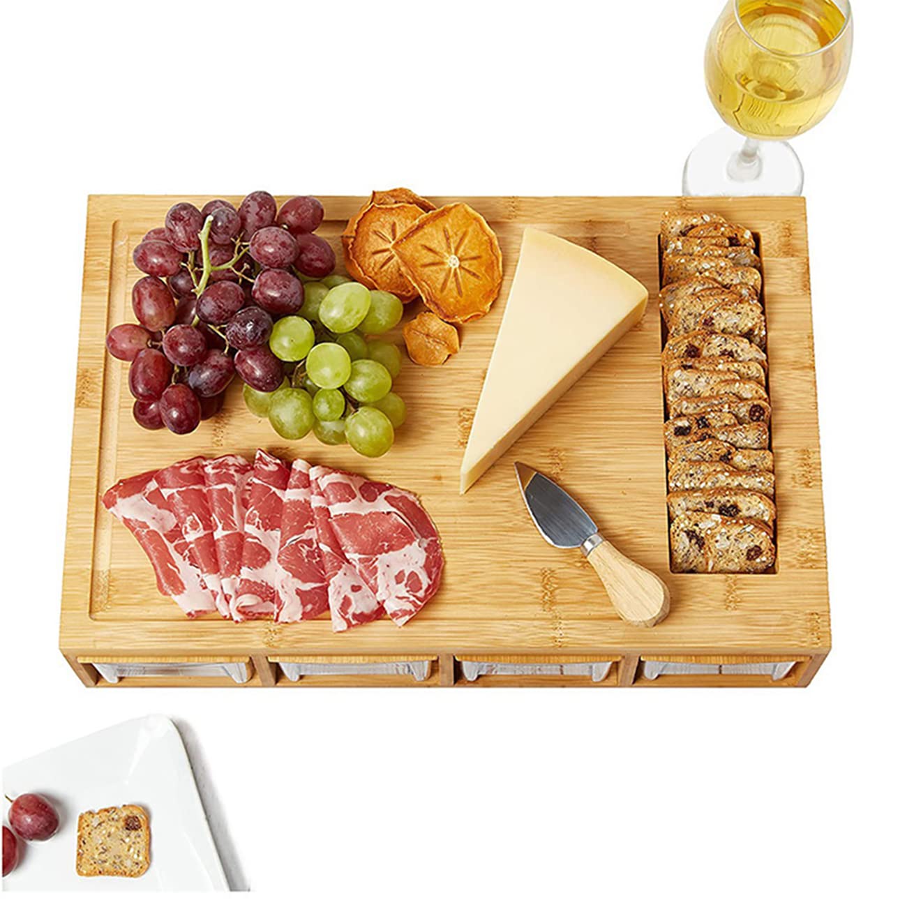 OLOZIQ Bamboo Cutting Board with Trays and Lids Storage Containers β Multifunction Easy Chopping Meal Prep Station with Juice Grooves β 4 Multi-Functional Graters Included with Food Sliding Opening
