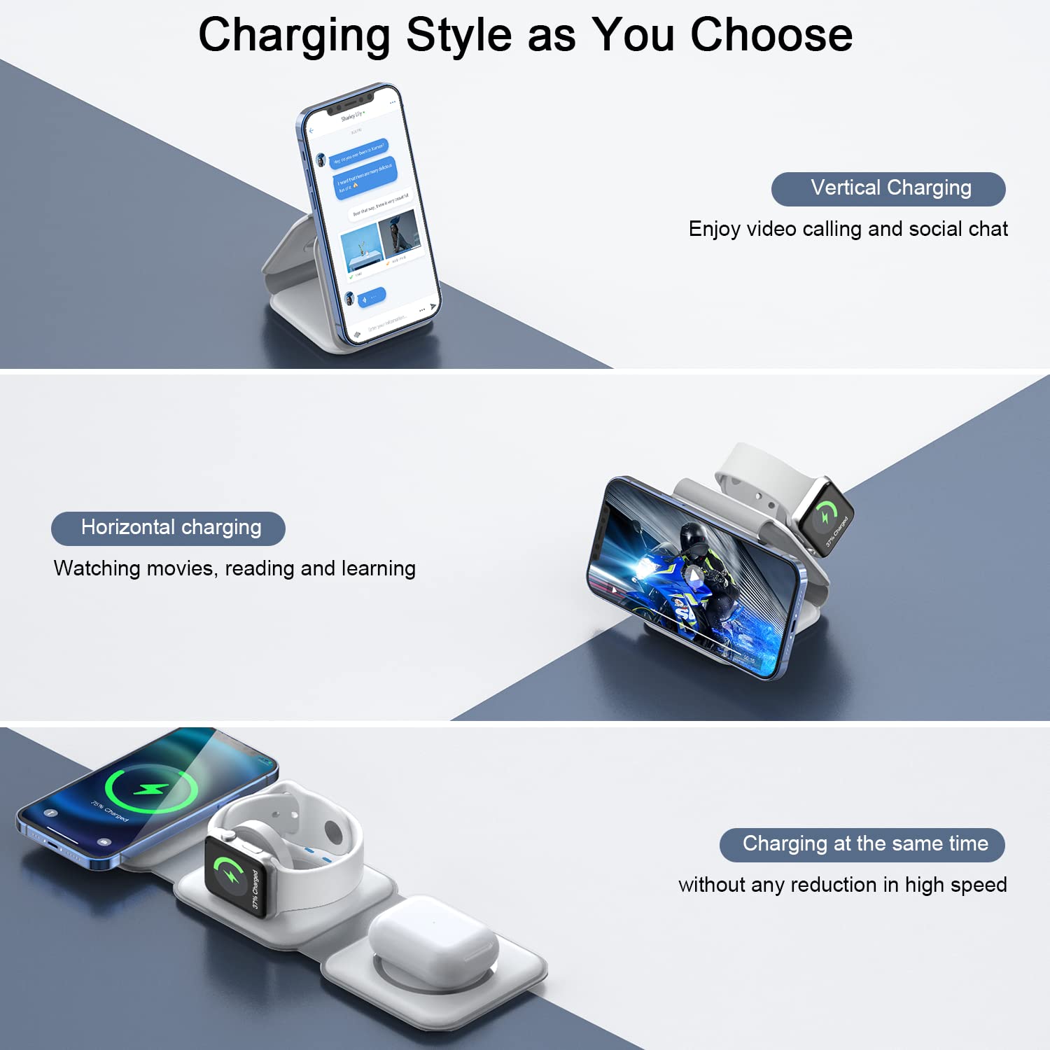 Wireless Charger,RTOPS Magnetic Travel Wireless Charging Station Multiple Devices,GaN 3 in 1 Charging Station,Compatible with iPhone 14/13/12/Pro/Max,iWatch,AirPods 3/2/Pro(Adapter Includes)