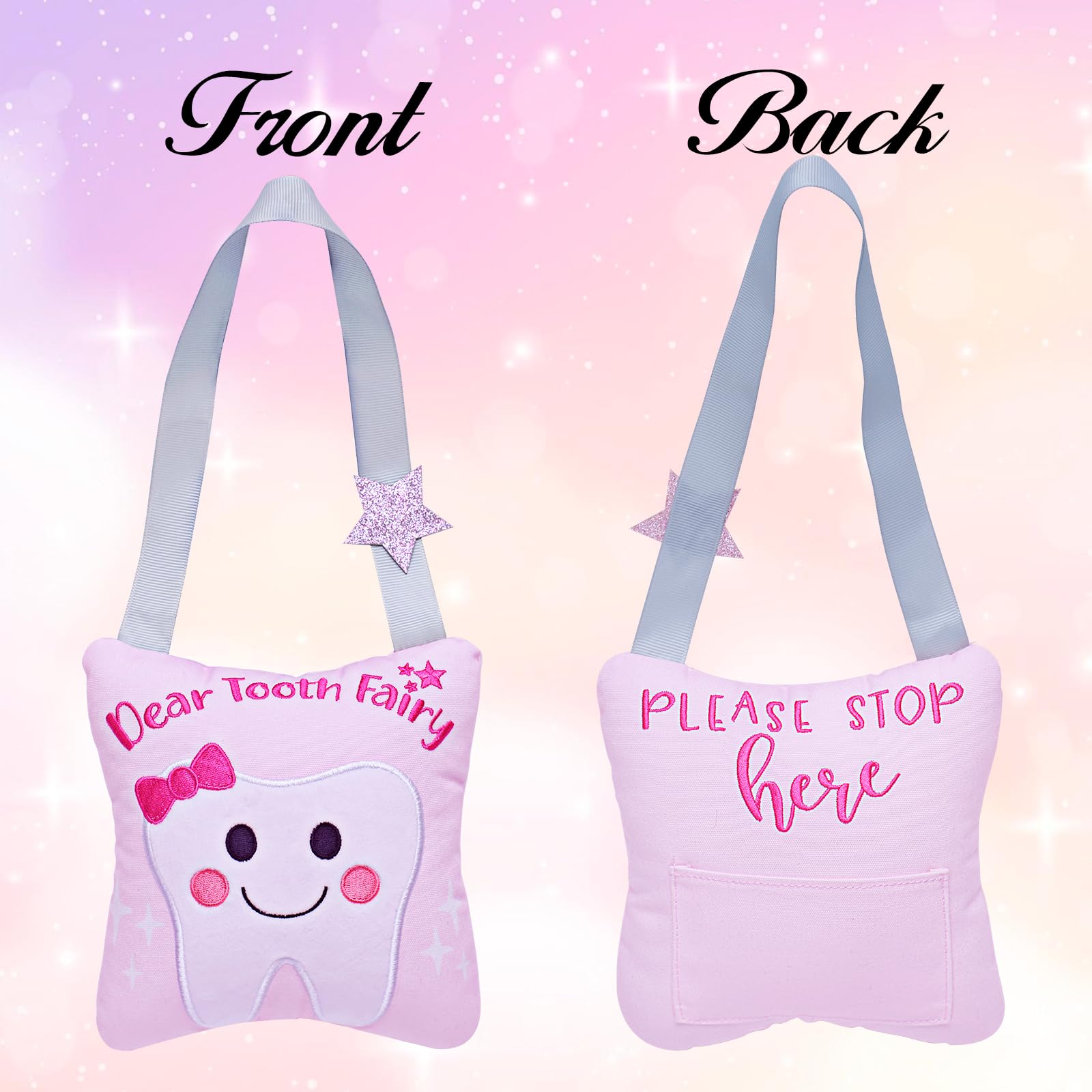 Tooth Fairy Pillow with Pocket for for Girls and Boys Kids,Tooth Keepsake Pouch Tooth Fairy Bag on Back Toothfairy Gift,5.9 x 5.9 inches (Pink)
