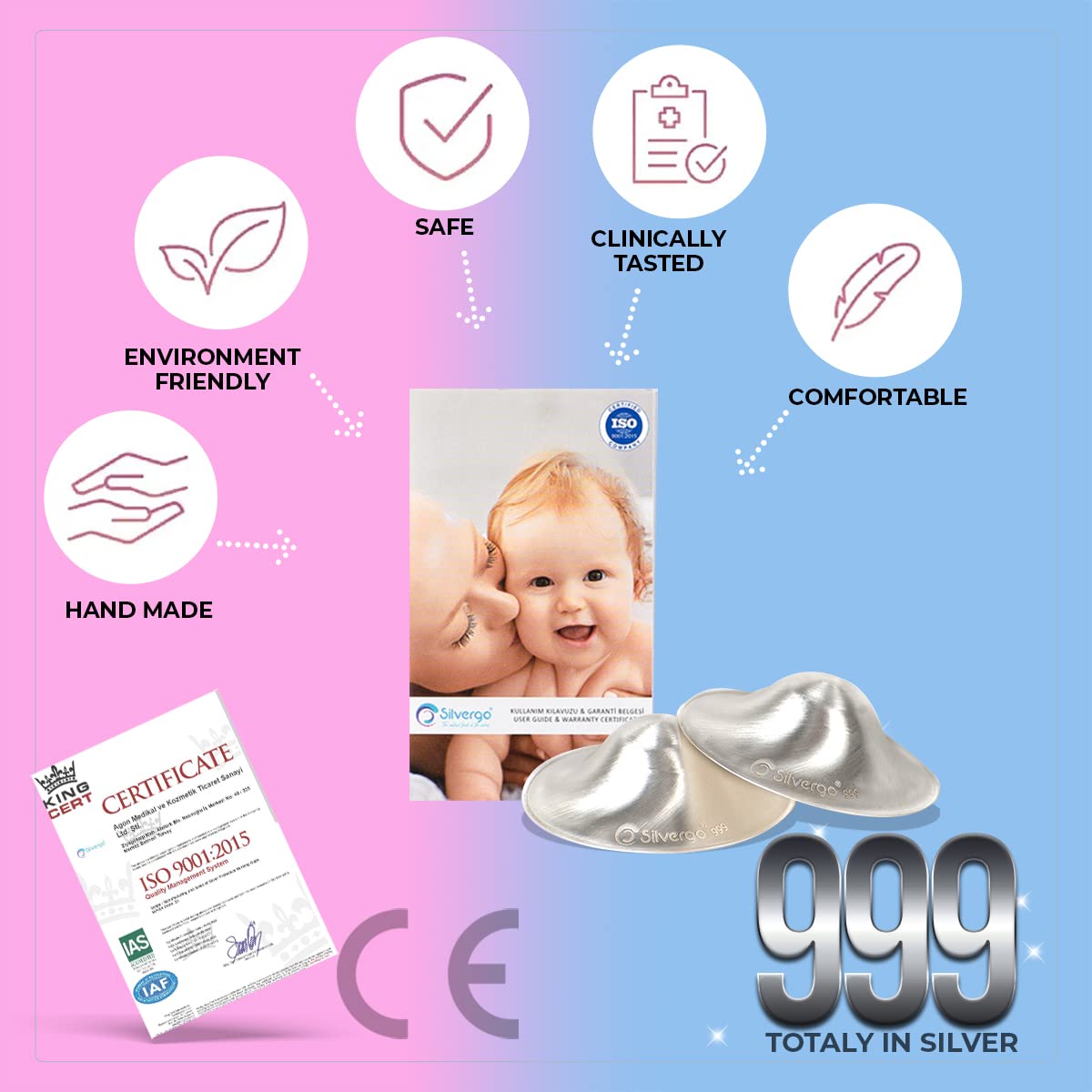 Silvergo The Original Silver Nursing Cups, Nipple Shields for Newborn, Covers Breastfeeding, Protector Newborn Essentials Must Haves, 999 Pure (Standard)