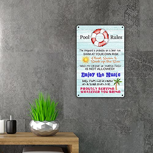 QIONGQI Funny Pool Rules Metal Tin Sign Wall D閏or Blue Sign for Home Swimming Pool Indoor Outdoor Decor