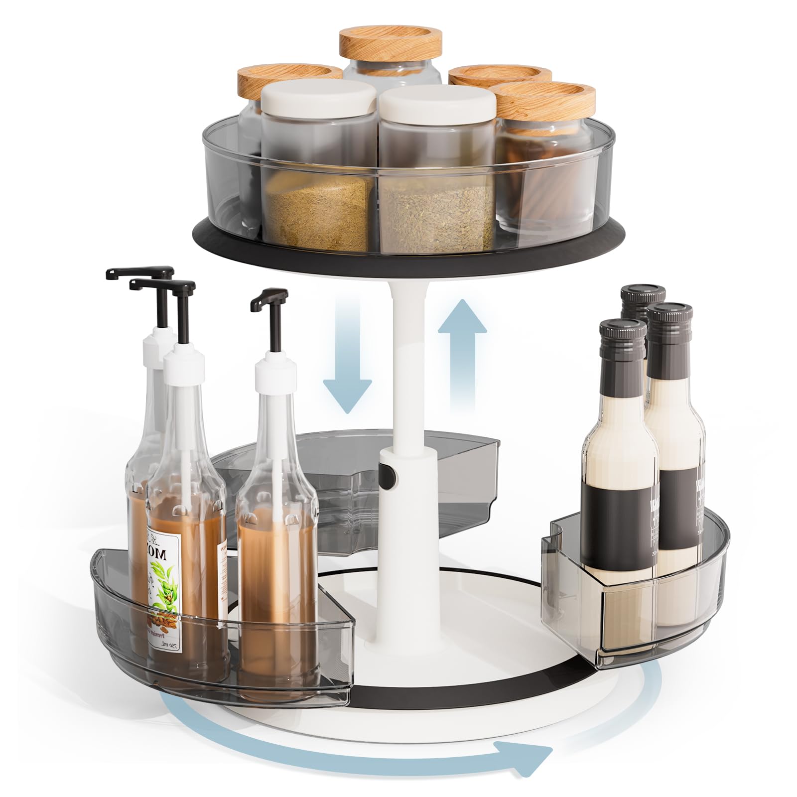 VERIFOST 2 Tier Lazy Susan Organizer, Height Adjustable Lazy Susan Turntable for Cabinet, Lazy Susan with 4 BPA Free Removable Clear Bins, 11 Inch Lazy Susan Spice Rack for Dining Table, Clear