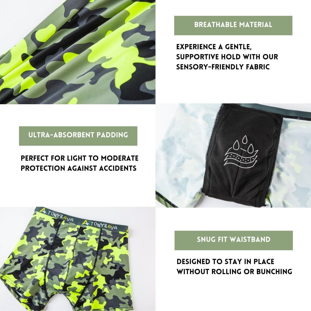 Tony and Ava Incontinence Boxer Briefs for Boys with Special Needs | Soft Cotton Liner | Slim Fit Underwear for Boys (120 lbs) | Comfortable, Camouflage Design, Pack of 2 (Large)