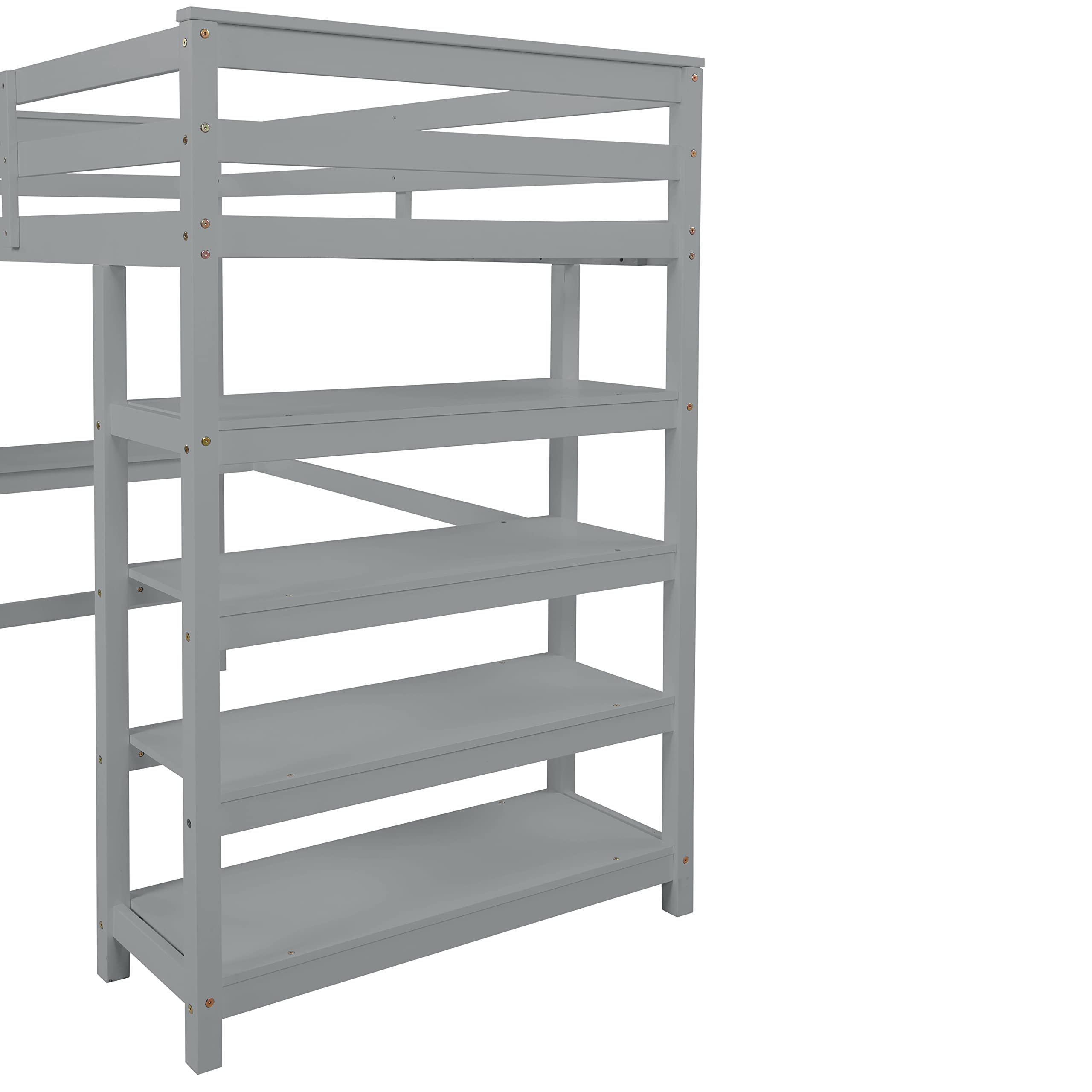 UOCFYK Twin Size Loft Bed with Desk,Solid Wood Loft Bed Frame w/Storage Shelves & Ladder for Kids Teens Bedroom,No Box Spring Needed,Super Save Space, Grey