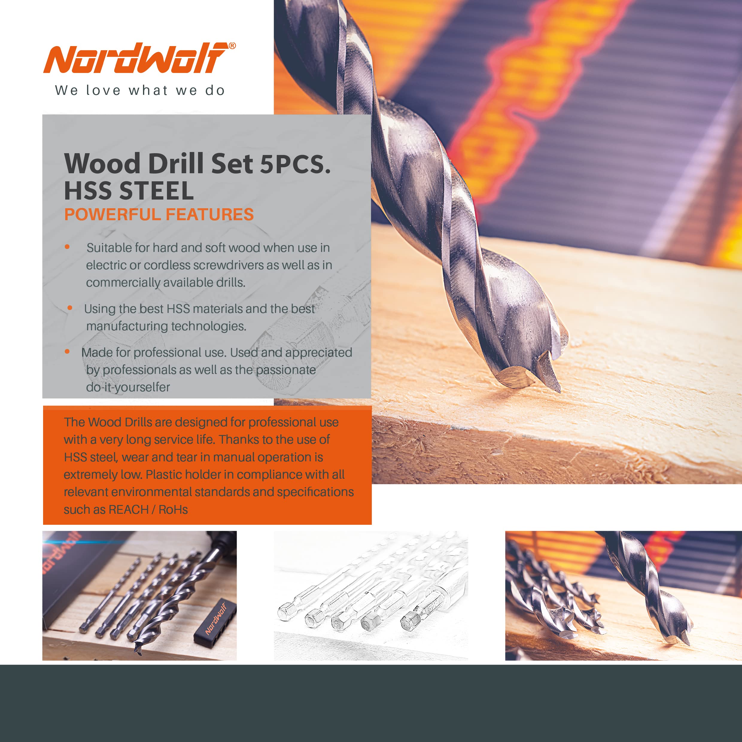 NordWolf 5-Piece HSS Brad Point Wood Drill Bit Set with 1/4" Hex Shank for Carpenter Woodworking, SAE Sizes 3/16"-1/4"-5/16"-3/8"-1/2"