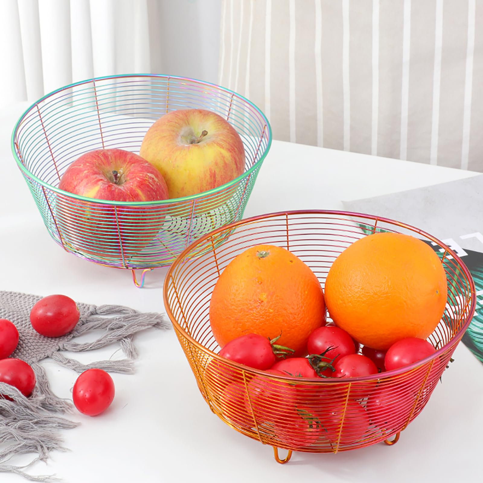 Meisha Round Fruit Bowl, Creative Mesh Fruit Dish Basket Bowl, Round Rainbow Large Metal Wire Storage Baskets, Modern Style Container for Fruit, Vegetables, Bread, Snacks - 8.46" Diameter