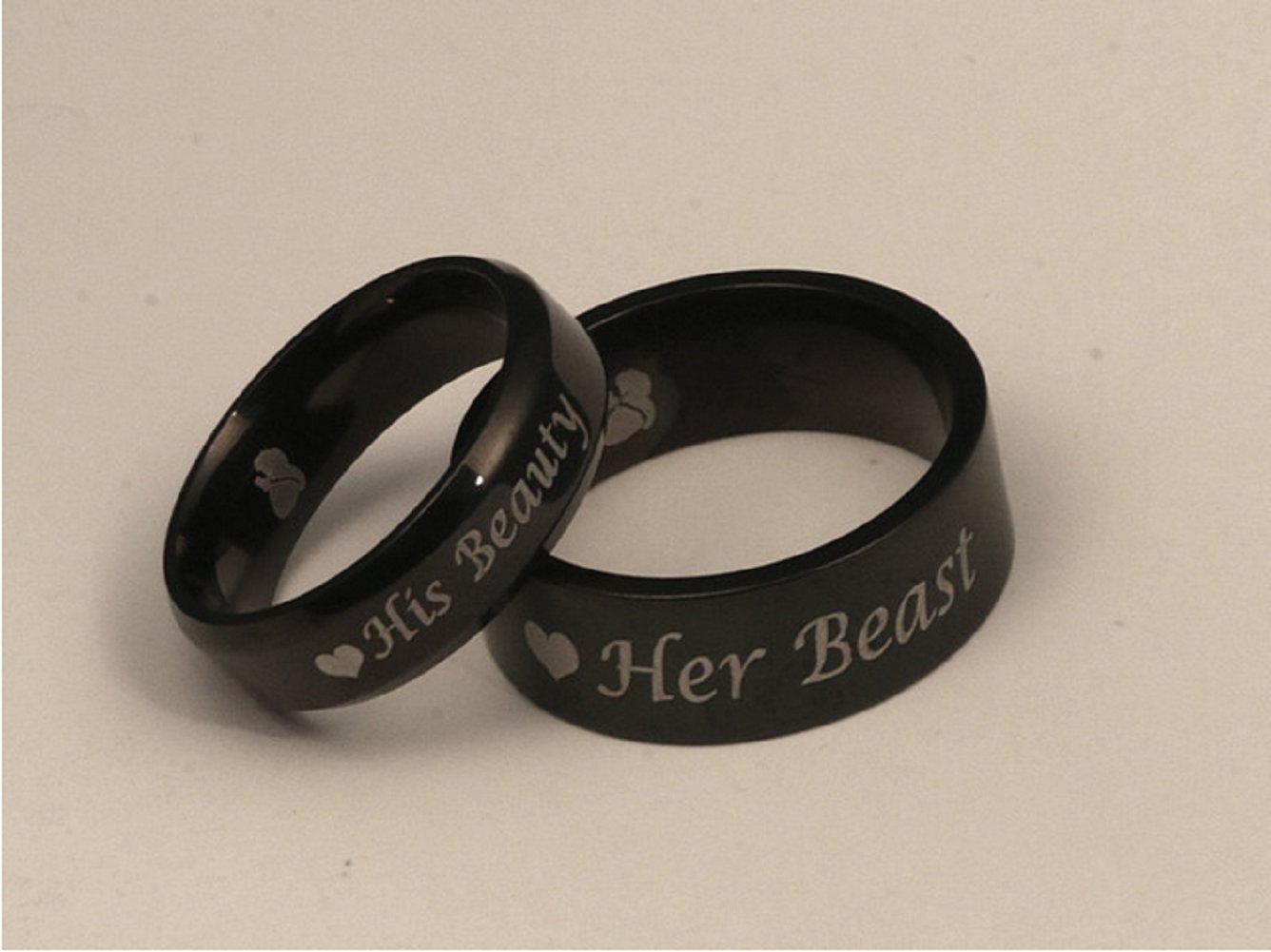 His Beauty Love Heart Women's Black Stainless Steel Engagement Wedding Bands Promise Ring Anniversary (Her Size 5)
