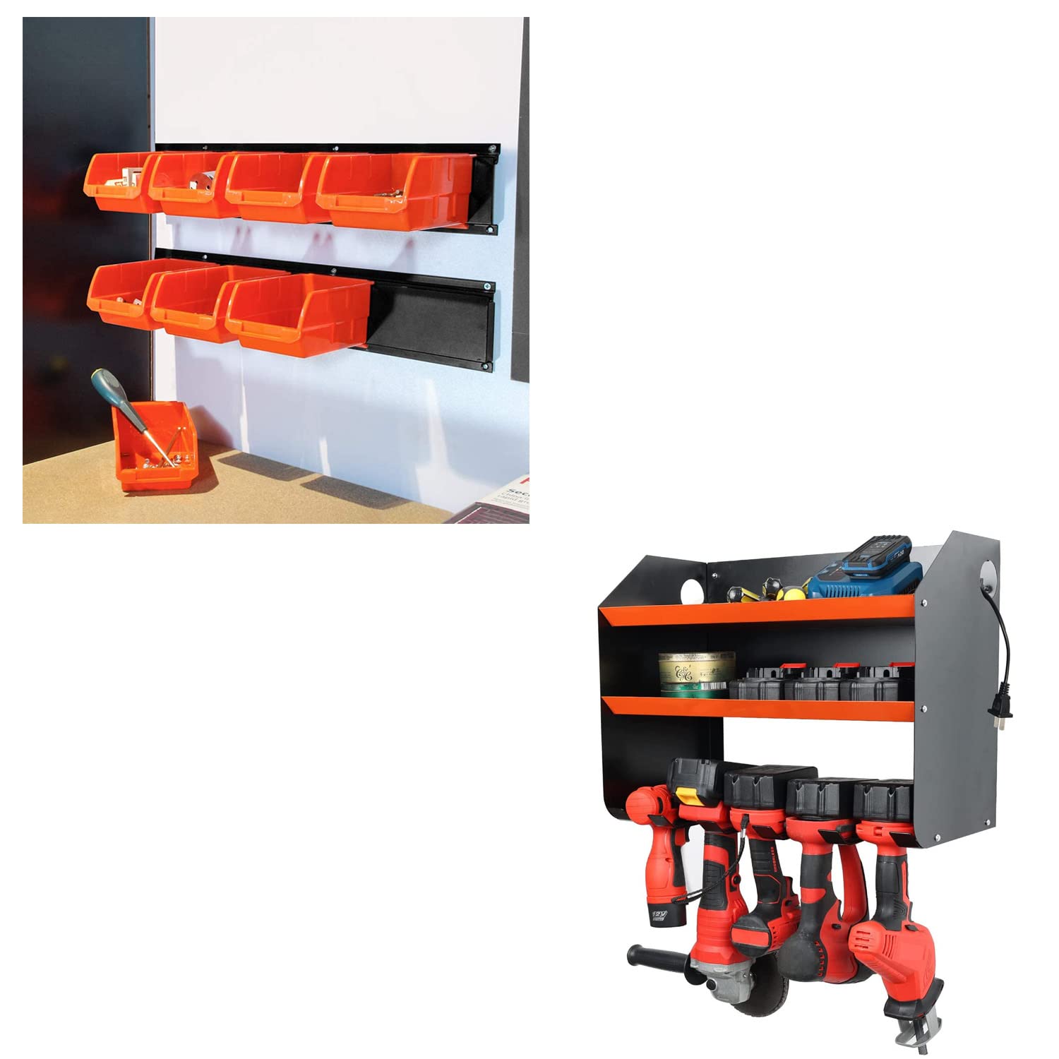 Wallmaster Power Tool Organizer, Wall Mount Drill Holder & 8-Bin Storage Bins Garage Rack System 2-Tier Orange Tool Organizers
