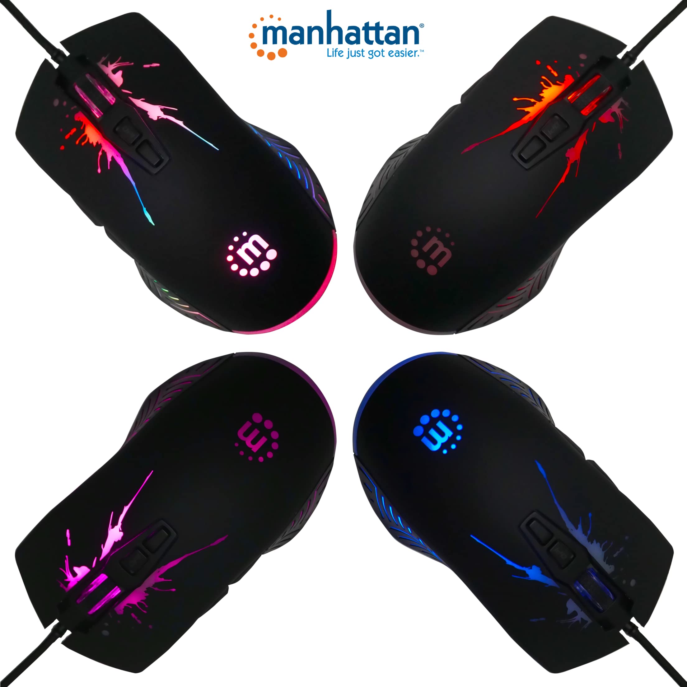 MANHATTAN Wired RGB Gaming Mouse β Long 5 ft Braided USB Cable, 7200 DPI, Ergonomic Gamer Optical Mouse with Light Up LED -for Windows PC and Laptop Computer- Black β 3 Yr Mfg Warranty β190121