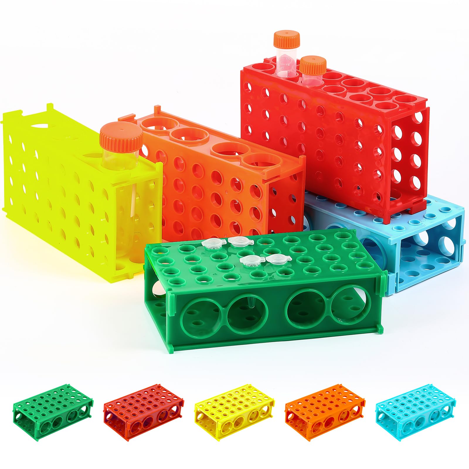 Tioncy 5 Pcs 4 Way Tube Rack Test Tube Holder Rack Plastic Lab Tube Racks Assorted Colors Test Tube Rack for 0.5-50ml Multi Tube Rack Stand for Tubes Lab Scientific Experiments Supplies