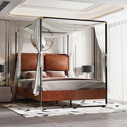 SAMTRA Queen Size Platform Bed Frame Upholstered Faux Leather Bed with Wooden Slat Support, No Box Spring Needed, Sturdy and Noise-Free, Brown