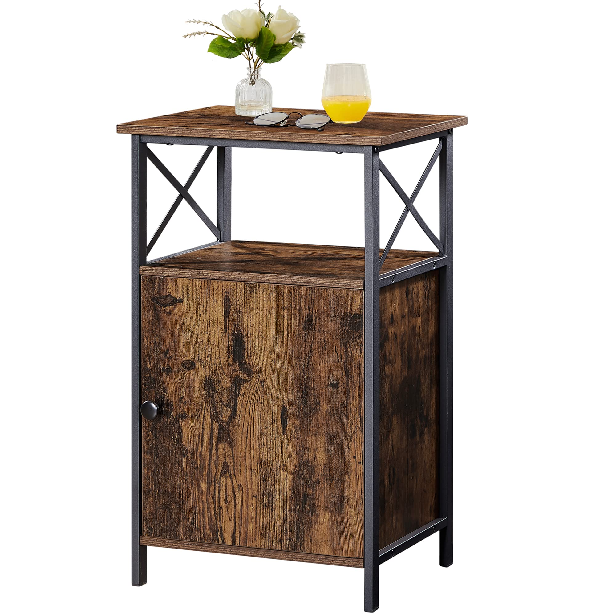 VECELO Brown End Side Table, Modern Night Stand with Storage Space and Door,Set of 2 Nightstands for Living Room,Bedroom,Lounge