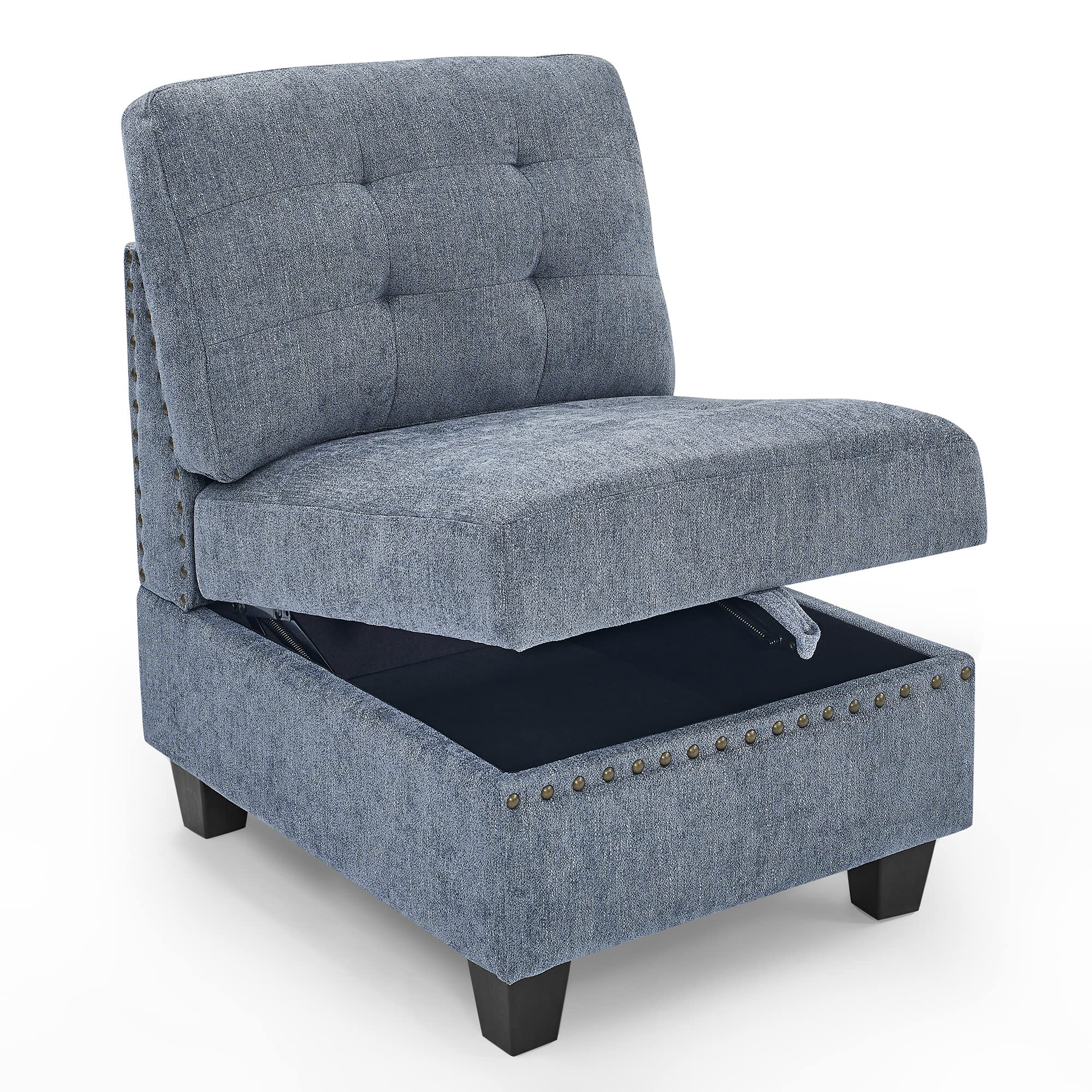 Melpomene 116'' Chenille L Shape Sectional Sofa with Storage Function and DIY Combination, Rivet Living Room Furniture Sets IncludesThree Single Chair Two Corner and Two Ottoman,Blue