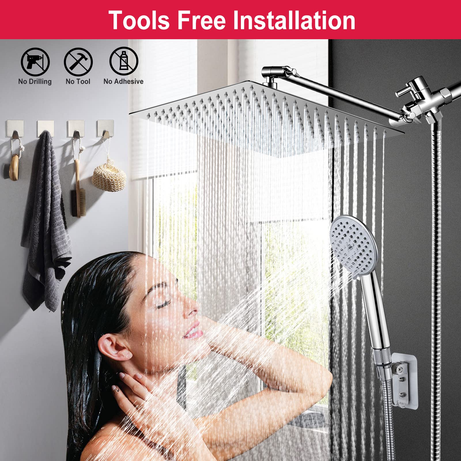 Shower Head, NERDON 12'' High Pressure Rainfall Shower Head Handheld Combo 5 Settings with 15'' Brass Height/Angle Adjustable Extension Arm 60" Hose, Stainless Steel Bath Rain Showerhead with 4 Hooks