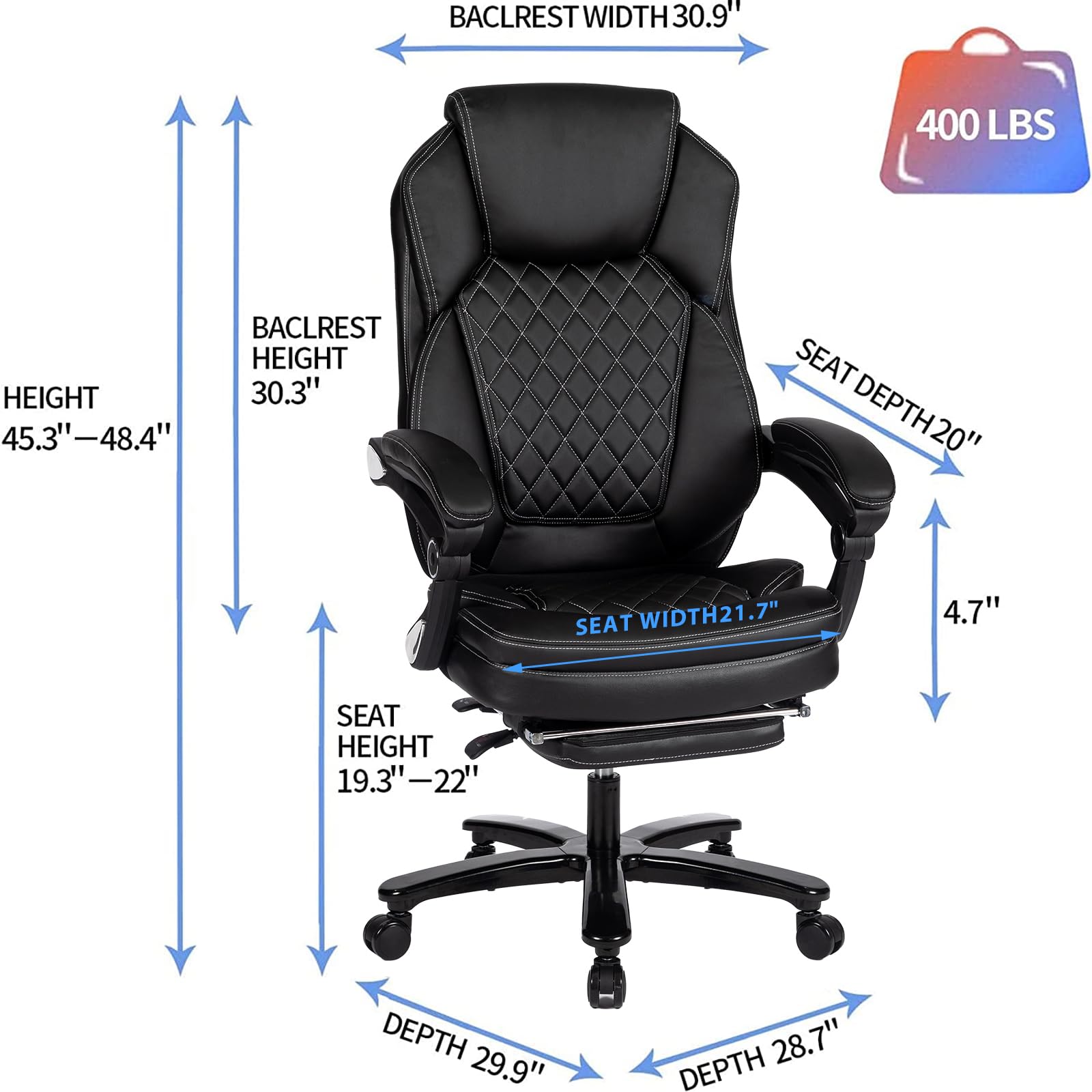 Kasorix Big and Tall Executive Home Office Chair with Footrest,Desk Chairs with Wheels and Arms,Adjustable Bonded PU Leather Office Chair