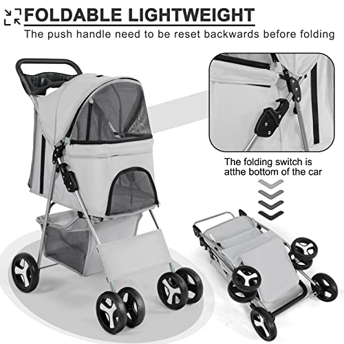 Wedyvko Pet Dog Stroller, 4 Wheel Foldable Cat Dog Stroller with Storage Basket, Handle 360° Front Wheel Rear Wheel with Brake for Small Medium Dogs & Cats (Gray)