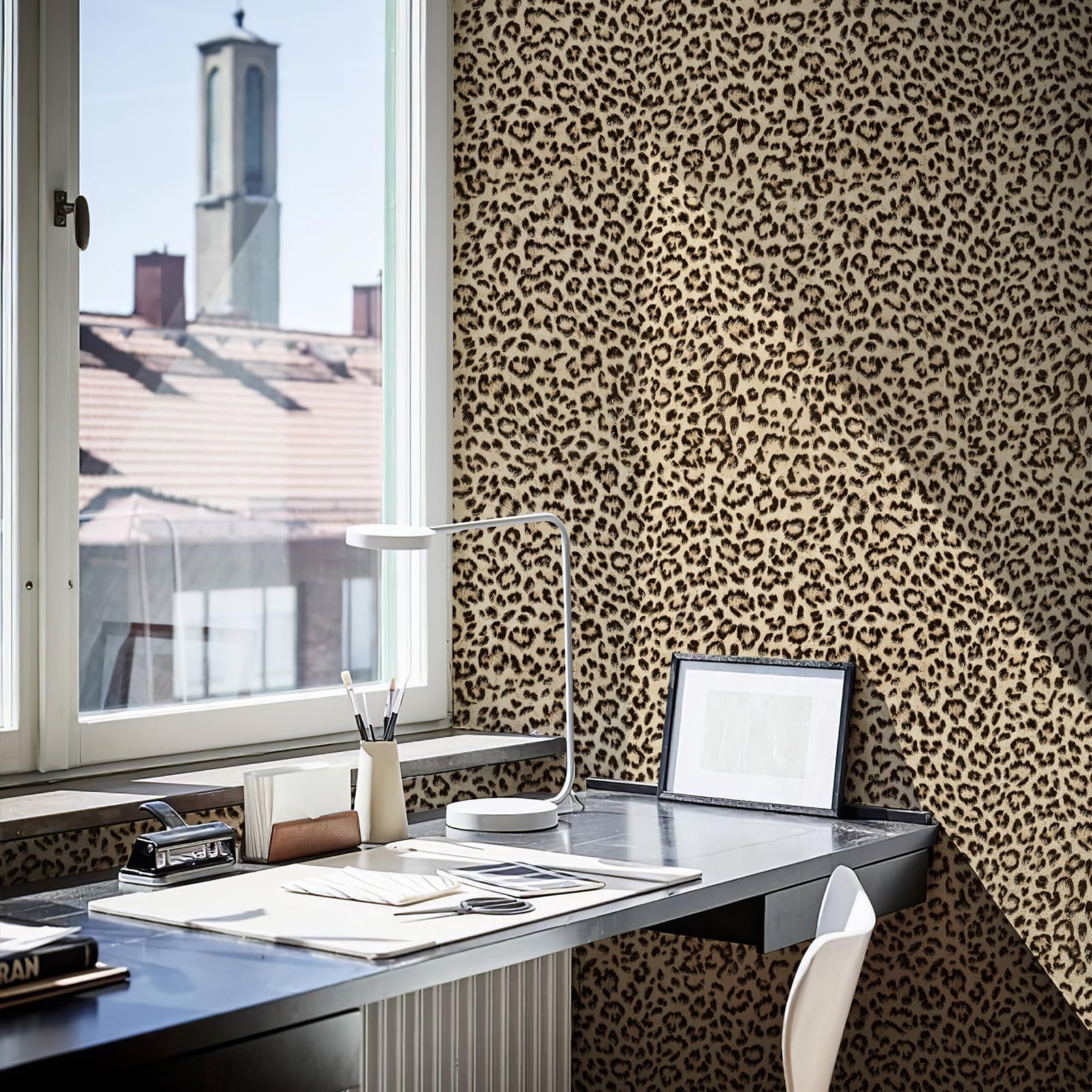 Simon&Siff Leopard Peel and Stick Wallpaper 17.3"x60" Black/Brown Vintage Animal Removable Wallpaper Renter Friendly Waterproof Modern Contact Paper for Bedroom Bathroom Cabinet