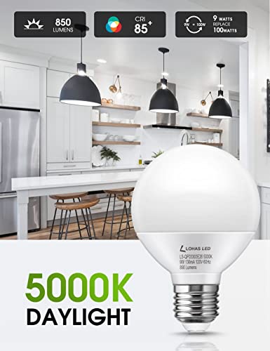 LOHAS G25 LED Globe Light Bulbs, 9W(100W Equivalent) Vanity Light Bulbs for Bathroom, 5000K Daylight White Bright Mirror Lights, E26 Base, 850LM Perfect for Makeup Dressing Table, Non-Dimmable, 4 Pack