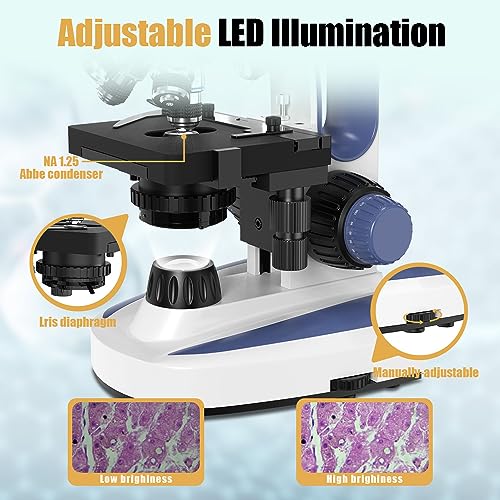 Upgrade Compound Monocular Microscope with 40X-2500X, Dual-View Microscope for Adults, Wide-Field 10X and 25X Eyepieces, Dual Illumination, Built-in 5MP Camera with 7ββ LCD Screen, Abbe Condenser