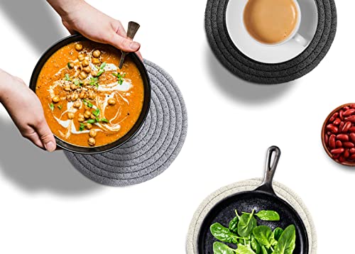 Trivets Pot Holders Set for Hot Dishes Set of 3, Hot Pads for Kitchen, 100% Cotton Trivets for Hot Pots and Pans, Spoon Rest for Cooking & Baking, Stylish Coaster & Hot Mats (Mix Grey 7 Inch Diameter)