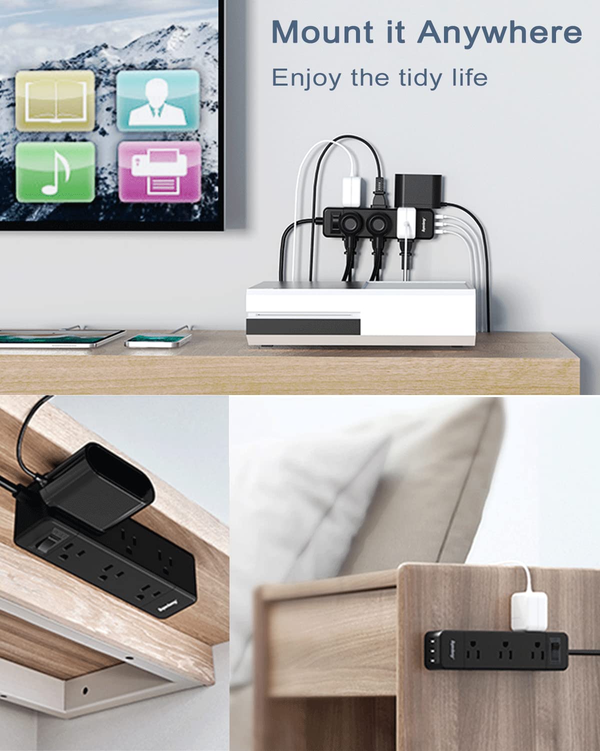 Power Strip Surge Protector, 9 Widely Spaced Outlets with 3 USB Ports, 3 Side Outlet Extender with 6.5 Ft Extension Cord, 1050 Joules, Flat Plug, Wall Mount Charging Station for Home Office Dorm Black