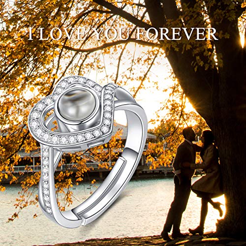 LONAGO 925 Sterling Silver I Love You 100 Language Heart Ring Engagement Ring for Women Couple Mother, Size 6