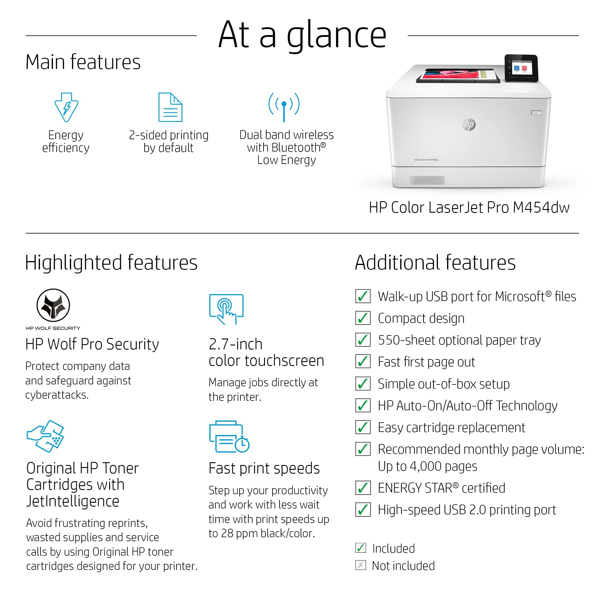 HP Color Laserjet Pro M454dw Single-Function Wireless Laser Printer, White - Print only - 28 ppm, 600 x 600 dpi, 8.5 x 14", 512MB RAM, Auto Duplex Printing, Ethernet, Tillsiy Printer Cable