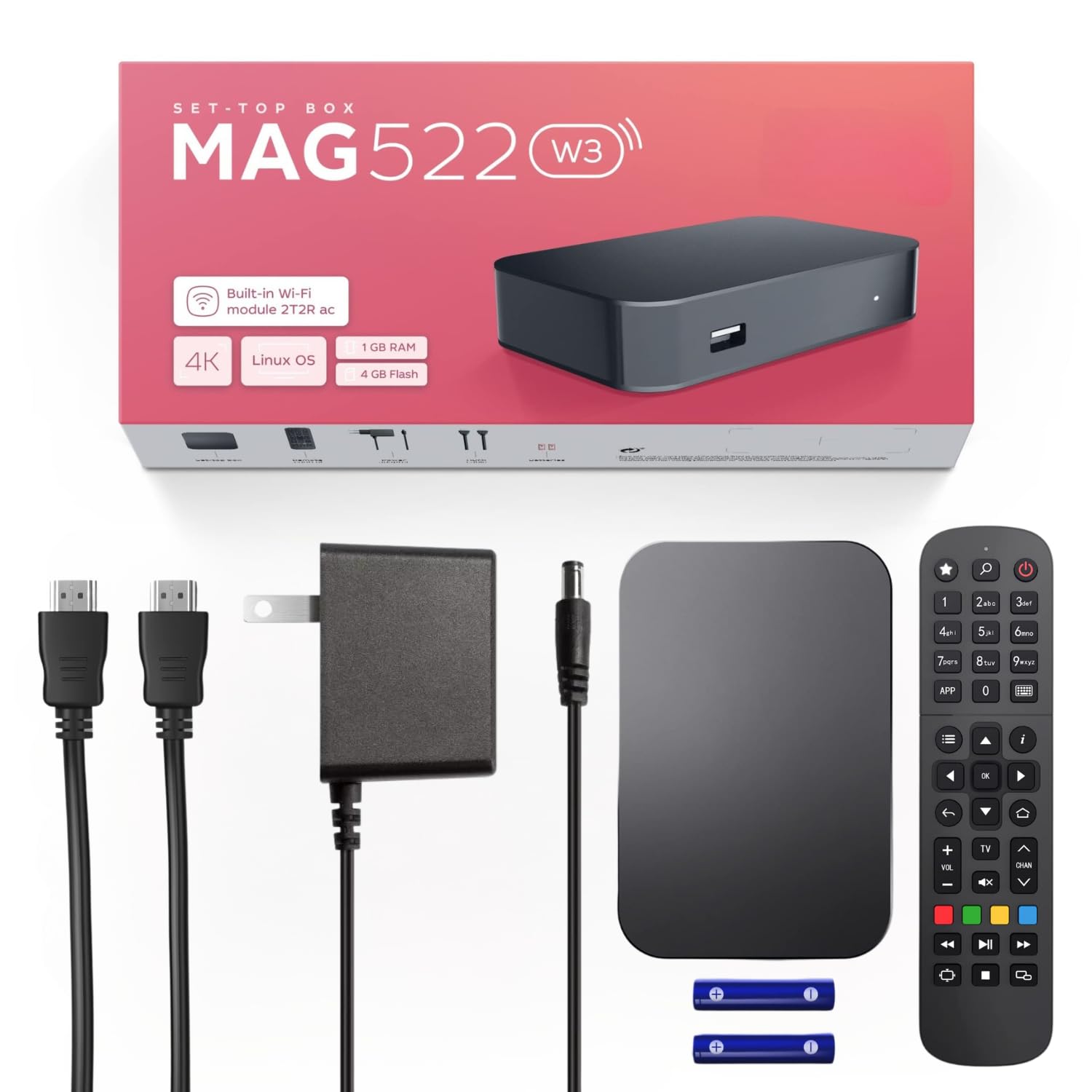 Raxxio MAG522w3 Linux 4.9 Set-Top Box - Amlogic S905X2 Chipset with 1 GB DDR3 RAM, 4 GB Flash Memory, 4K and HEVC Support, Dual-Band 2.4G/5G 2T2R ac WiFi, USB 2.0/3.0, HDMI Cable and Remote Control