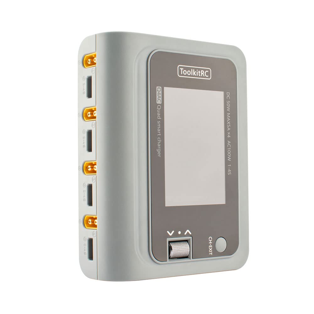 ToolkitRC Q4AC XT60 US Plug 4x50W 5A AC 100W 4 Port DC Smart Charger AC DC Smart Charger IPS Bright Clear Wide Angle Display
