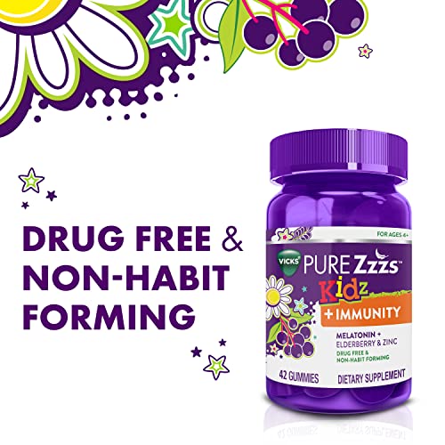 ZzzQuil VICKS Pure Kidz + Immunity, Melatonin Sleep Aid Gummies for Kids and Children, Zinc for Immune Support, Low Dose Melatonin, Berry Flavored, 60 Gummies