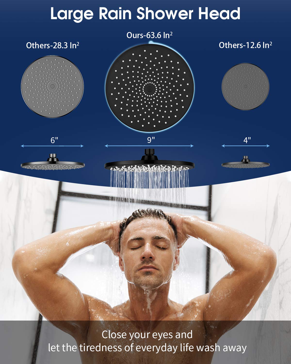 Rain Shower Head VMASSTONE 9In High Pressure Showerhead - Tool Free Installation- with Large Spray Surfaces and 200 Nozzles for Delicate and Unstimulate Shower Experience (EM-001 Matte Black/Black)