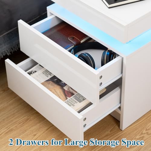 HOMMPA LED Nightstand White Nightstand with Led Lights Modern Night Stand with 2 High Gloss Drawers Led Bedside Table Smart Nightstand for Bedroom 20.5β Tall