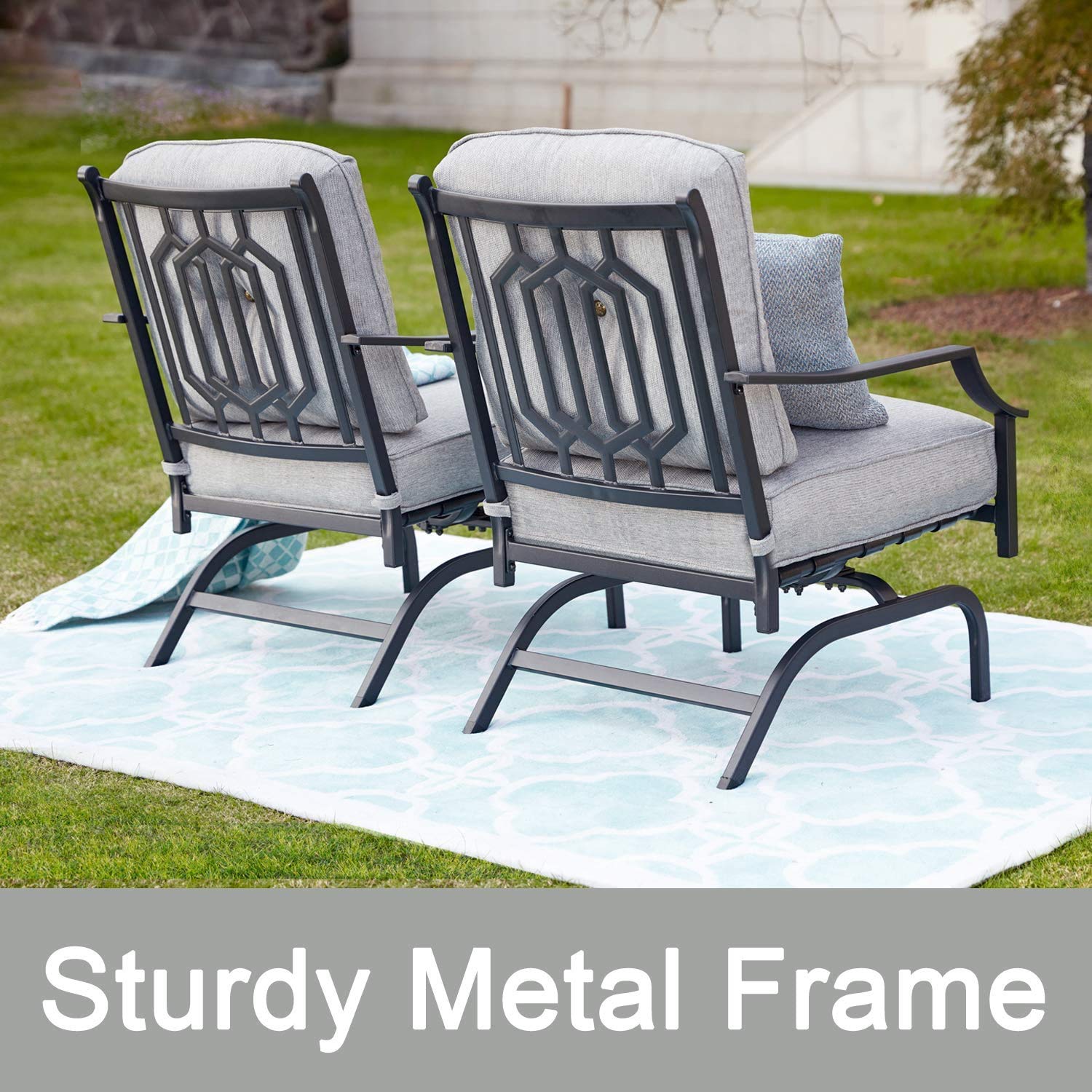 PatioFestival Patio Conversation Set Metal Outdoor Furniture Sets All Weather Cushioned Loveseat & 2 Rocking Chairs & 1 Coffee Table for Poolside Lawn Yard 4pcs